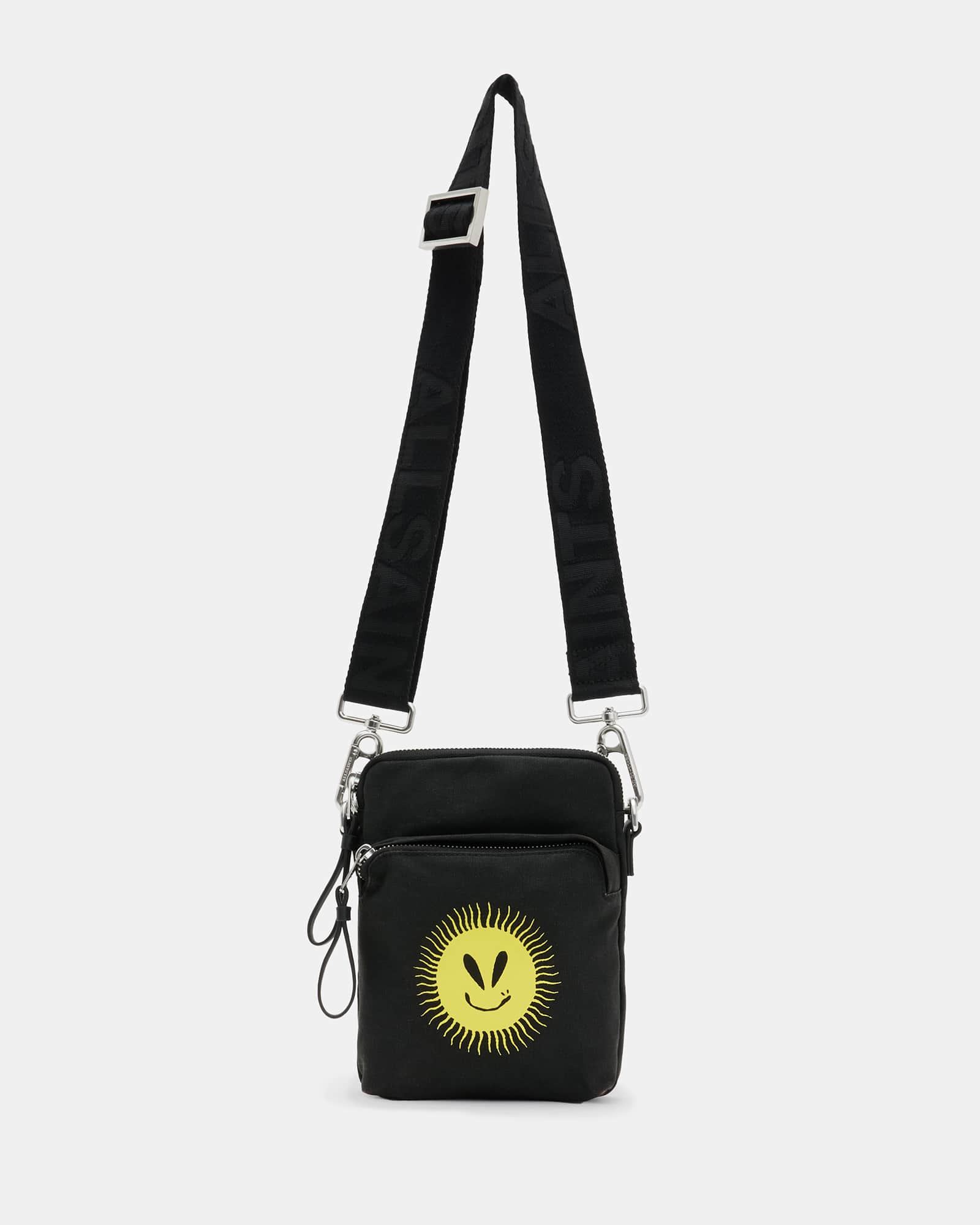 Falcon Sun Smirk Embroidered Pouch Bag Black | ALLSAINTS