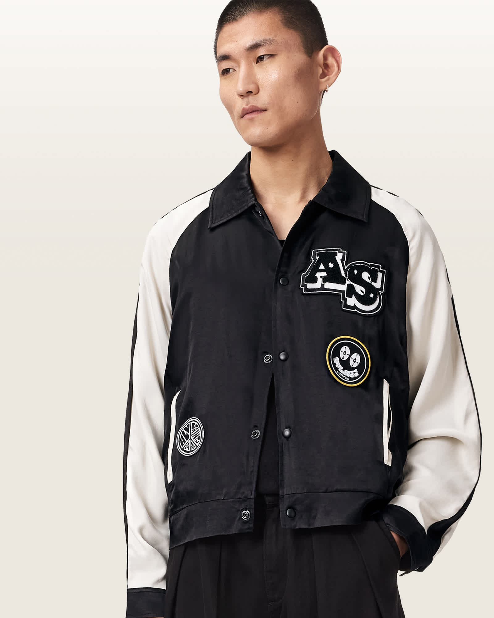 Orville Relaxed Fit Varsity Patch Jacket BLACK/IVORY | ALLSAINTS DE