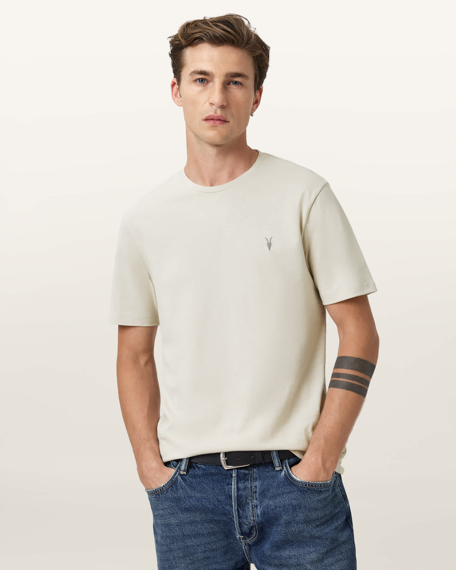 Brace Brushed Cotton Crew Neck T-Shirt FEATHER TAUPE | ALLSAINTS