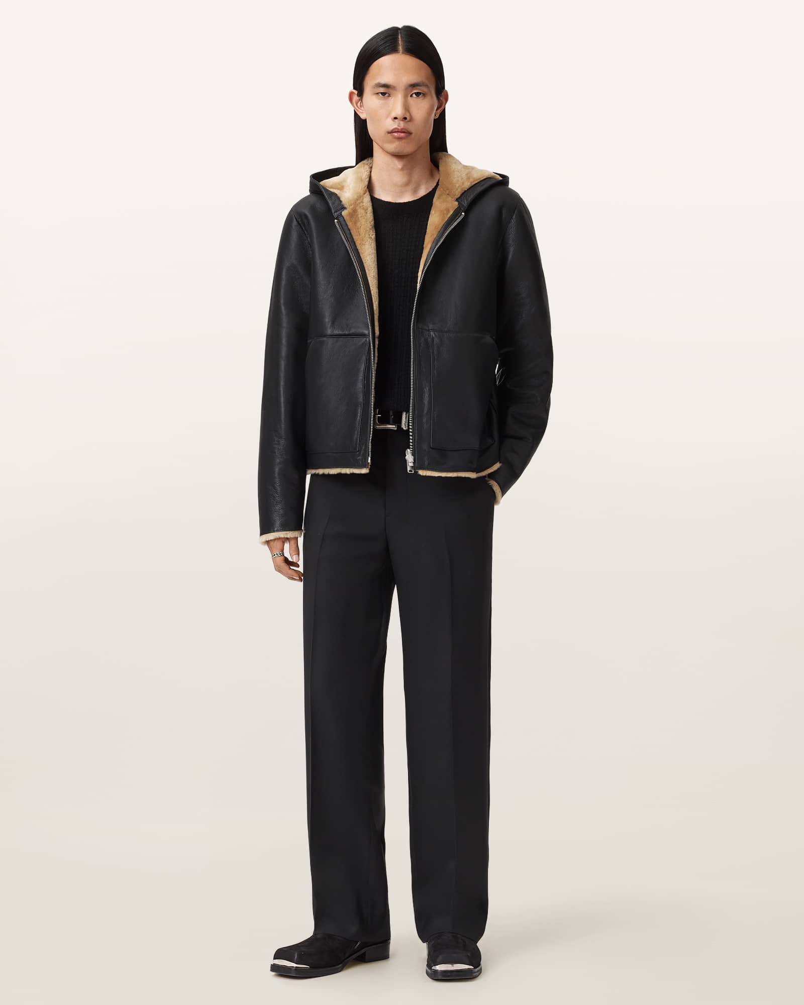 Mostyn Shearling Bomber Jacket Black/Brown | ALLSAINTS US