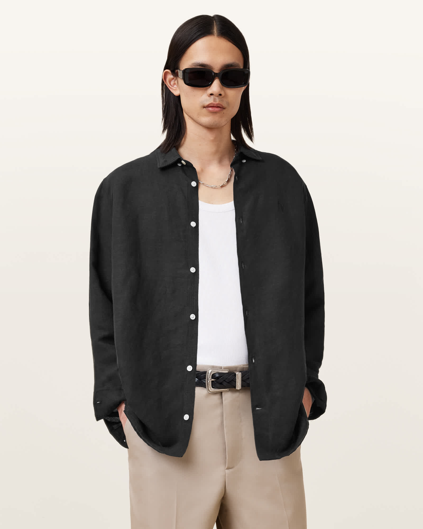 Bandol Long Sleeve Relaxed Shirt Black | ALLSAINTS Canada