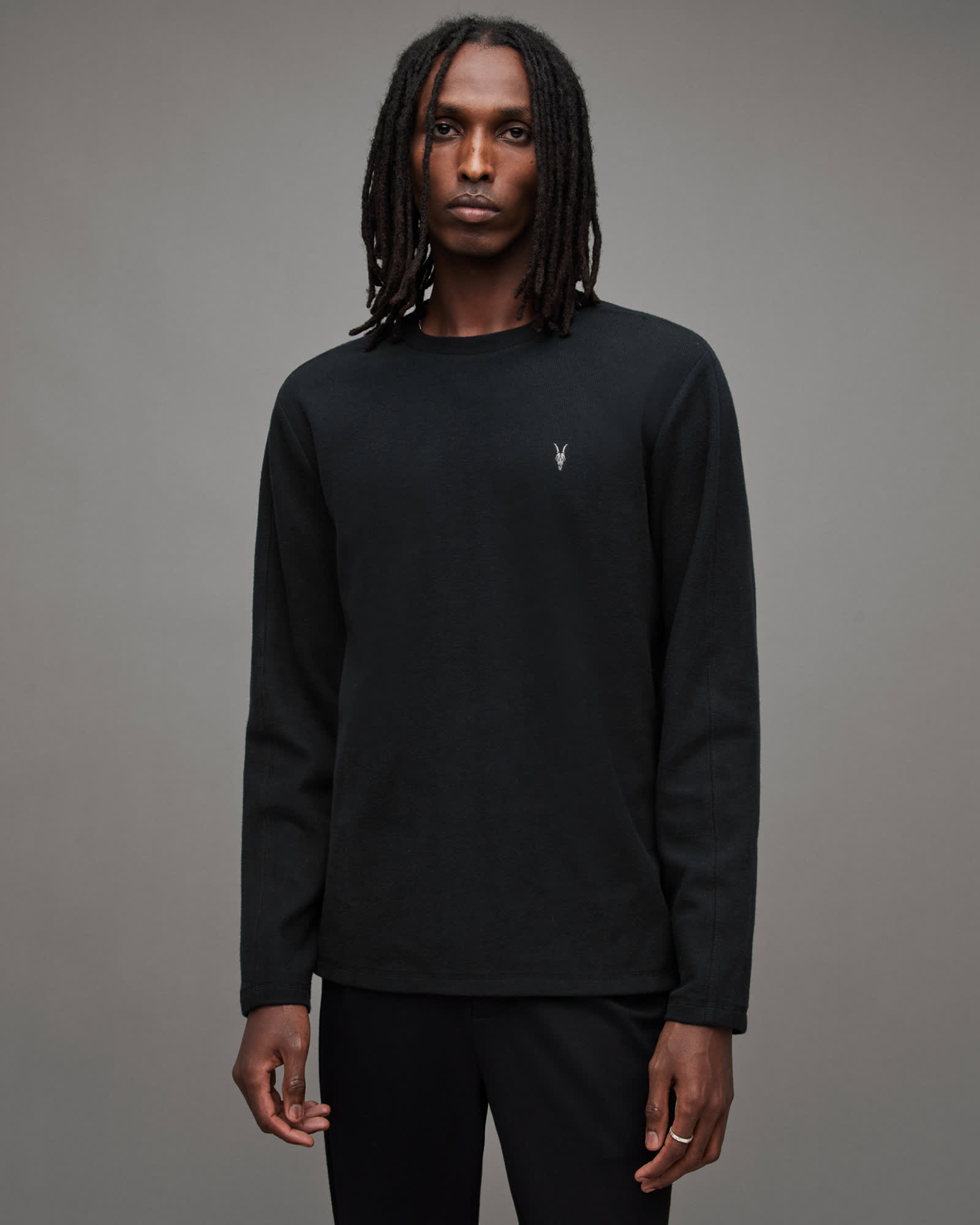 Rowe Long Sleeve Waffle Ramskull T-Shirt Jet Black | ALLSAINTS US