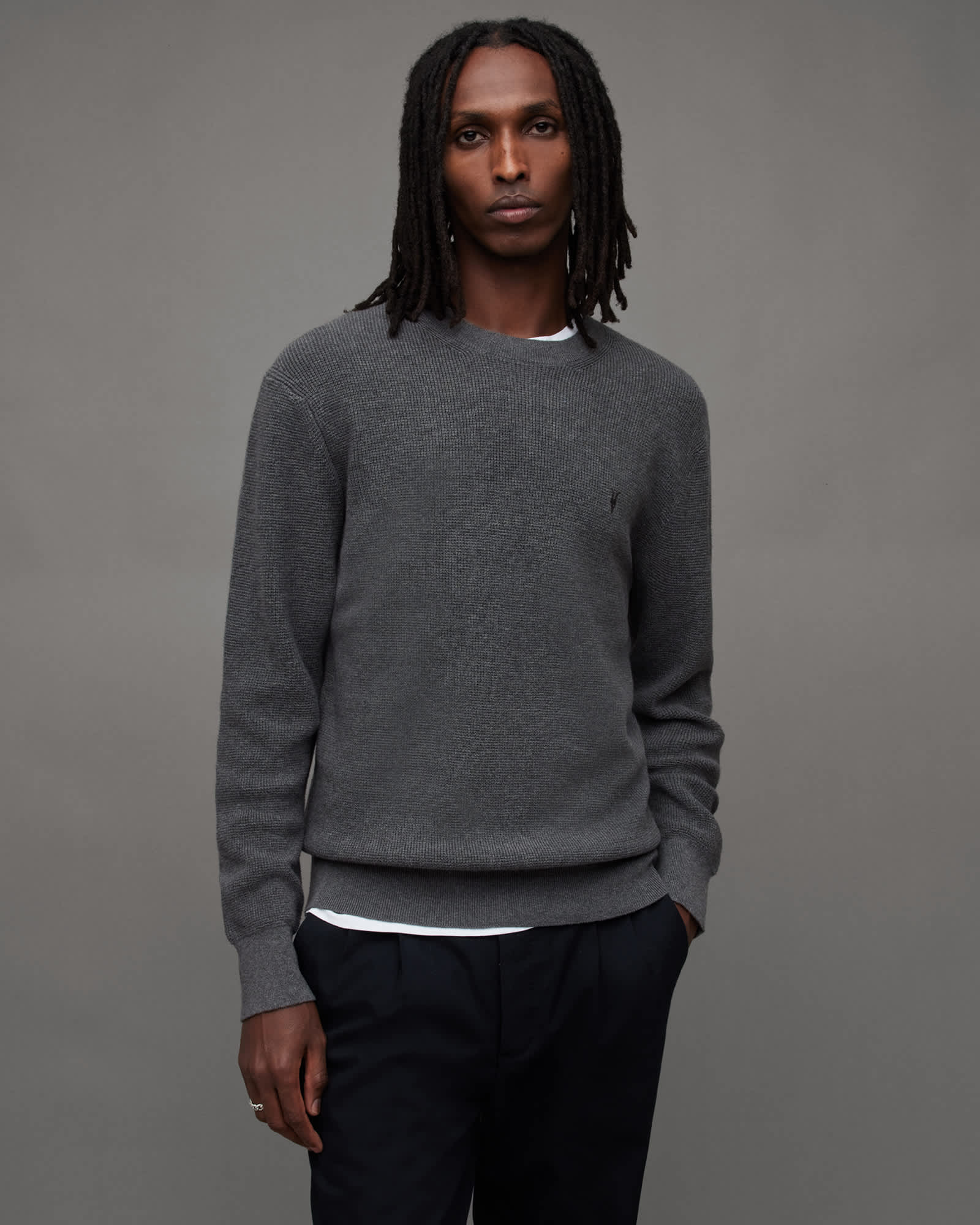 Aspen Waffle Crew Neck Ramskull Jumper MONUMENT GREY | ALLSAINTS