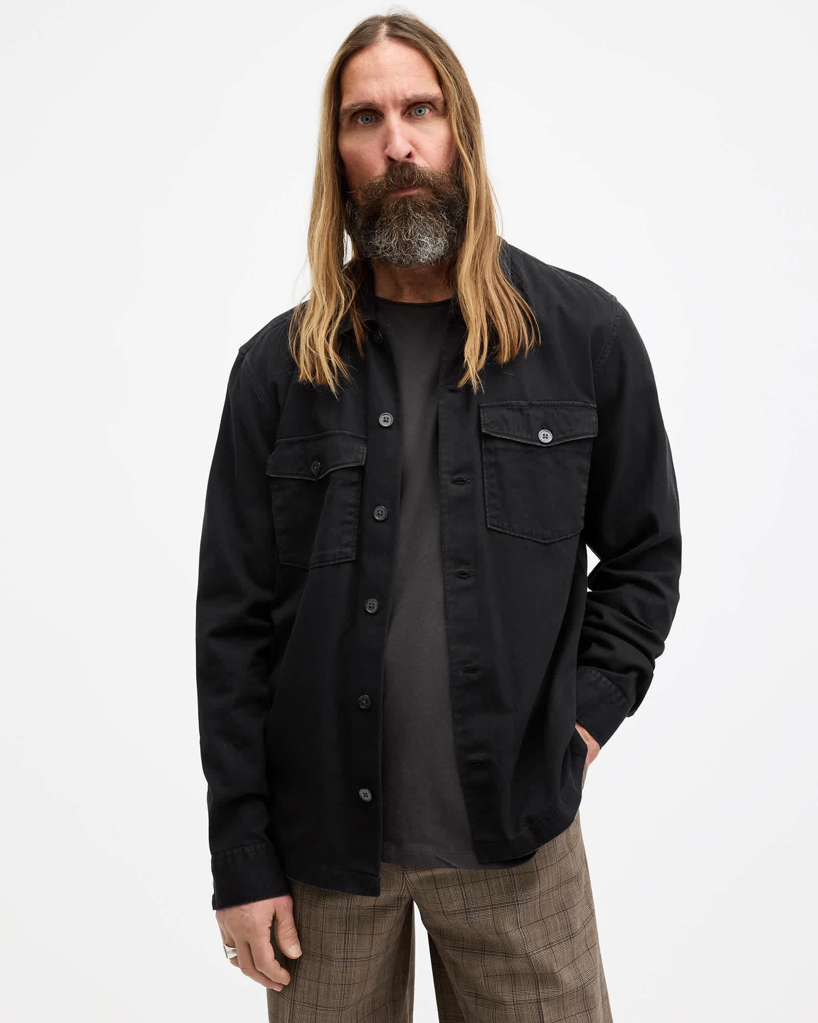 Spotter Long Sleeve Military Overshirt Black | ALLSAINTS US