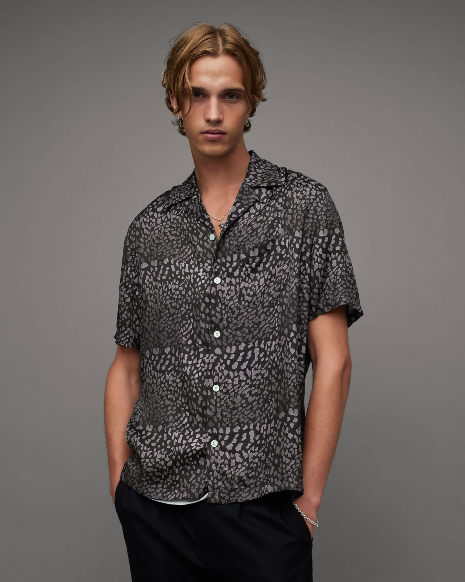Cosmo Leopard Print Relaxed Fit Shirt Jet Black | ALLSAINTS