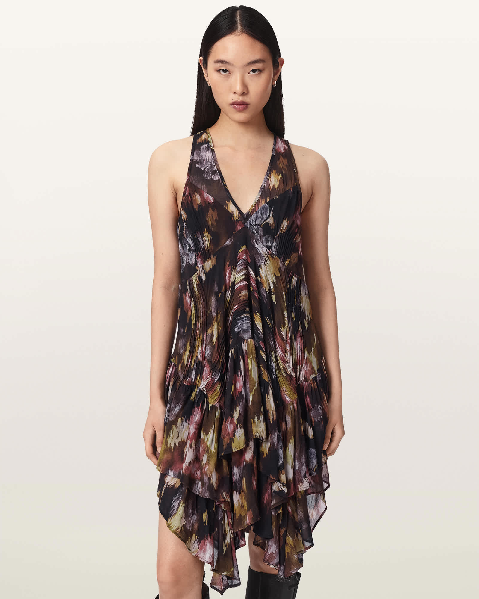 Gretel Asymmetric Tiered Midi Dress WILDFLOWER BLACK | ALLSAINTS Canada
