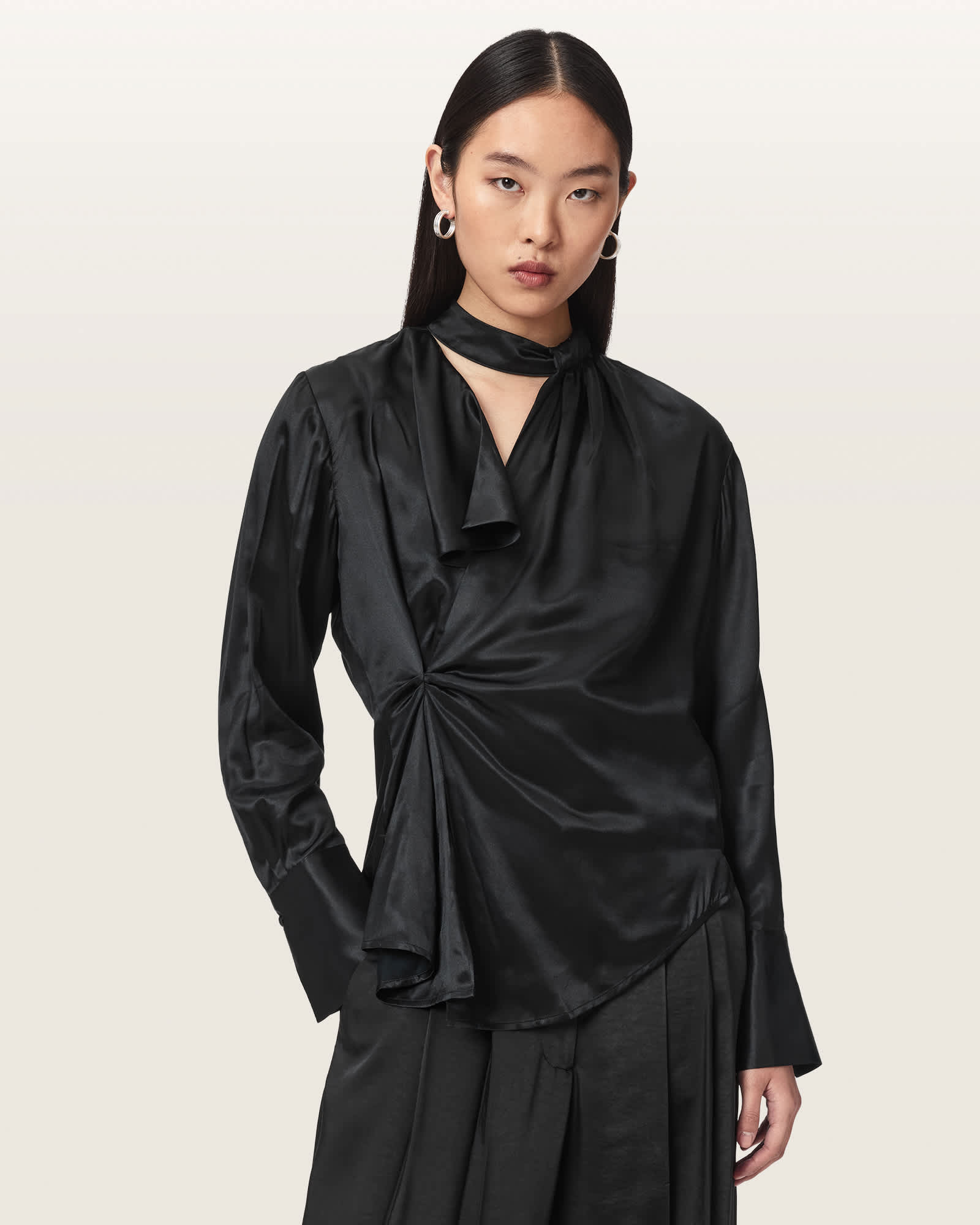Zellie Silk Blend Pleated Top Black | ALLSAINTS Canada