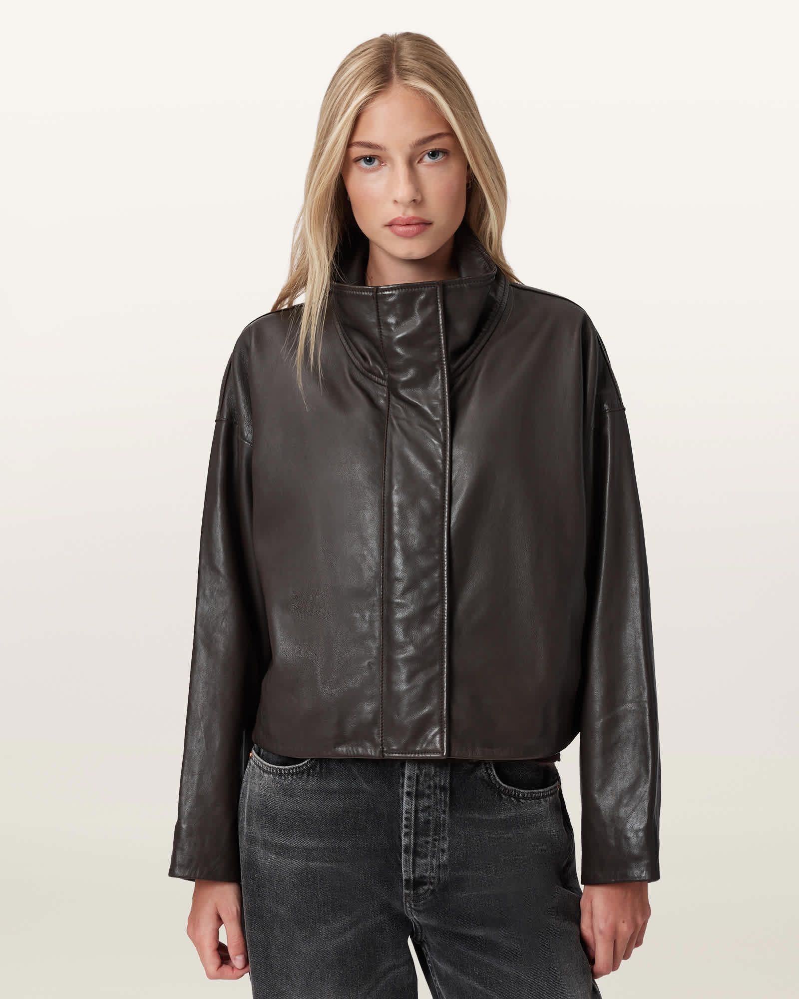 Ryder Funnel Neck Leather Jacket Bitter Brown | ALLSAINTS US