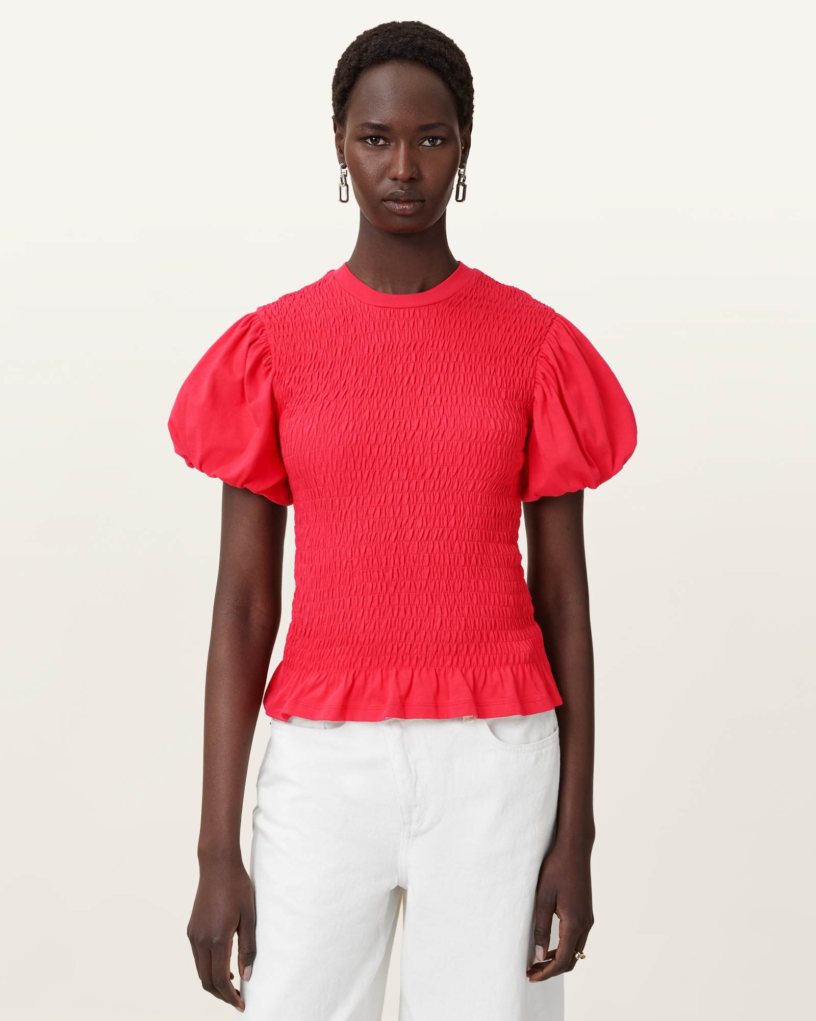 Dael Smocked Slim Top CRIMSON RED | ALLSAINTS