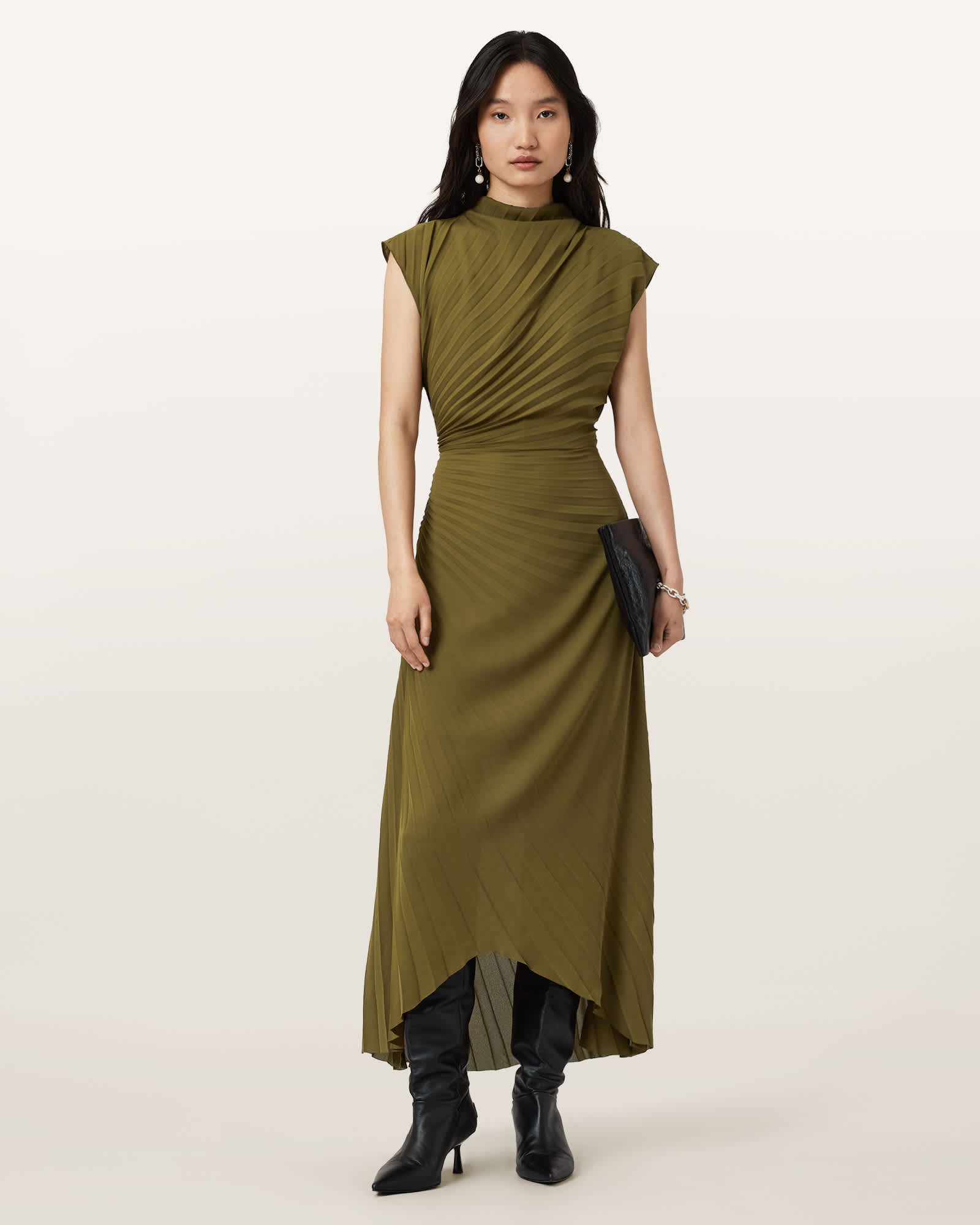 Rayanna Pleated Satin Midi Dress FANGO GREEN | ALLSAINTS