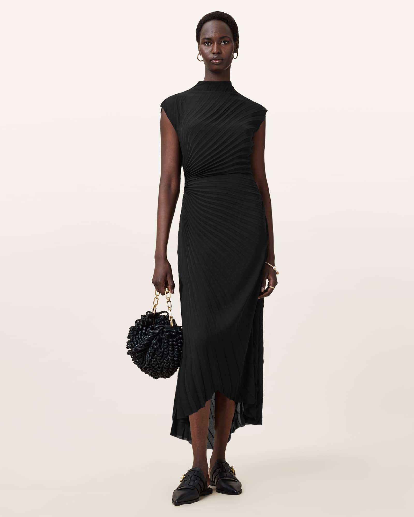 Rayanna Pleated Satin Midi Dress Black | ALLSAINTS