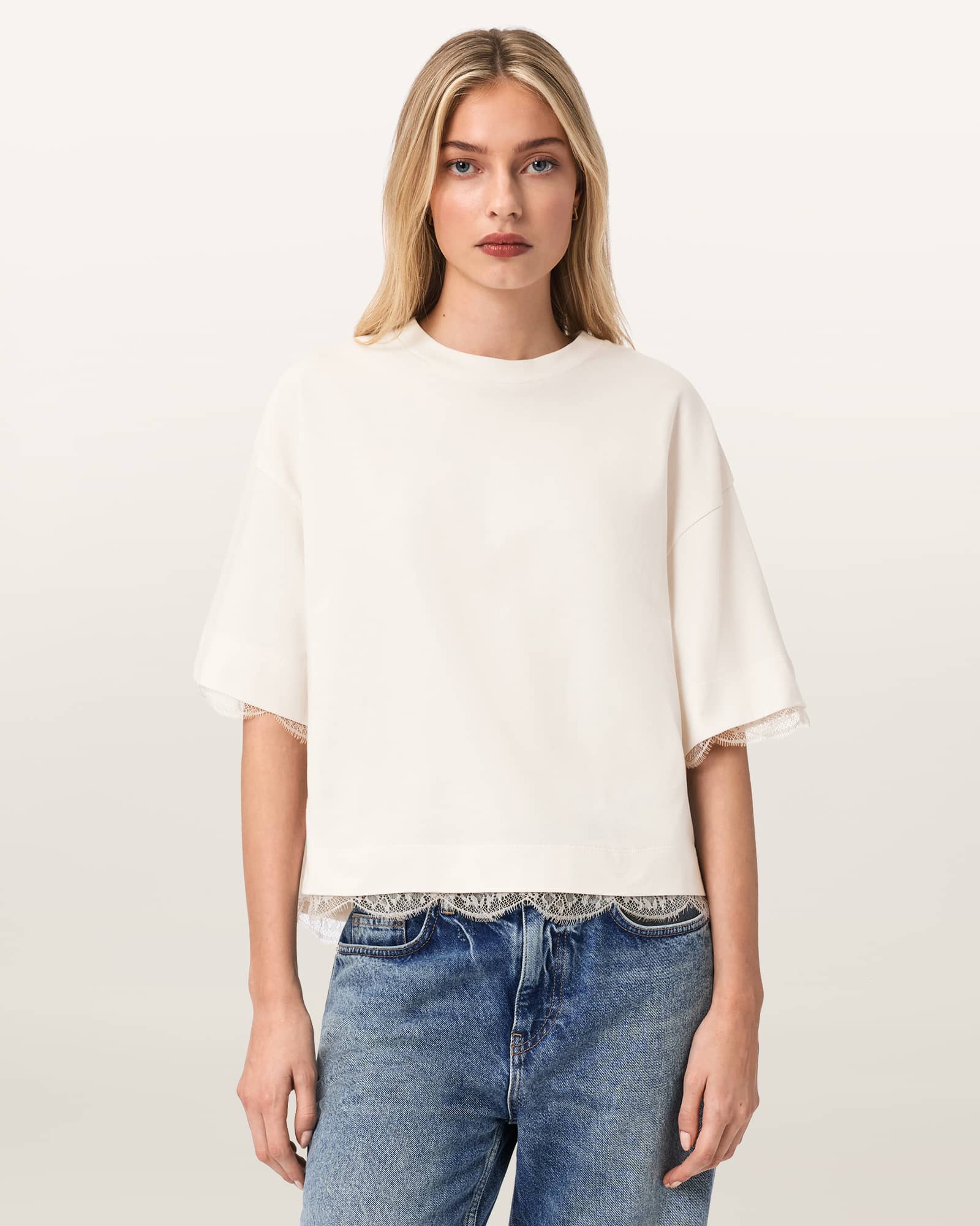 Nia Lace Detail Short Sleeve T-Shirt ARCTIC WHITE | ALLSAINTS Canada