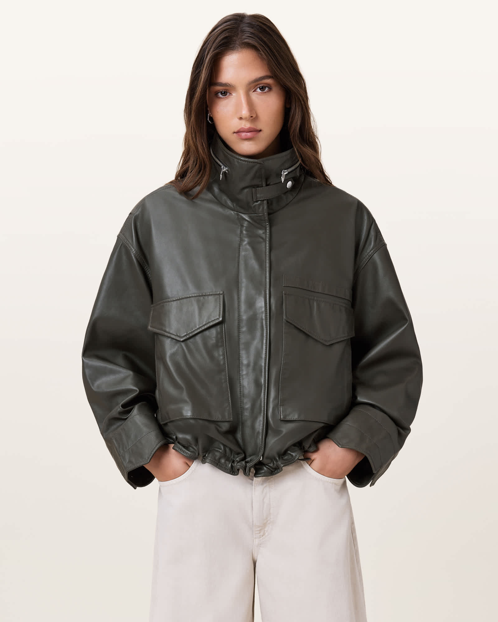 Clay Funnel Neck Cropped Leather Jacket Military Green | ALLSAINTS DE