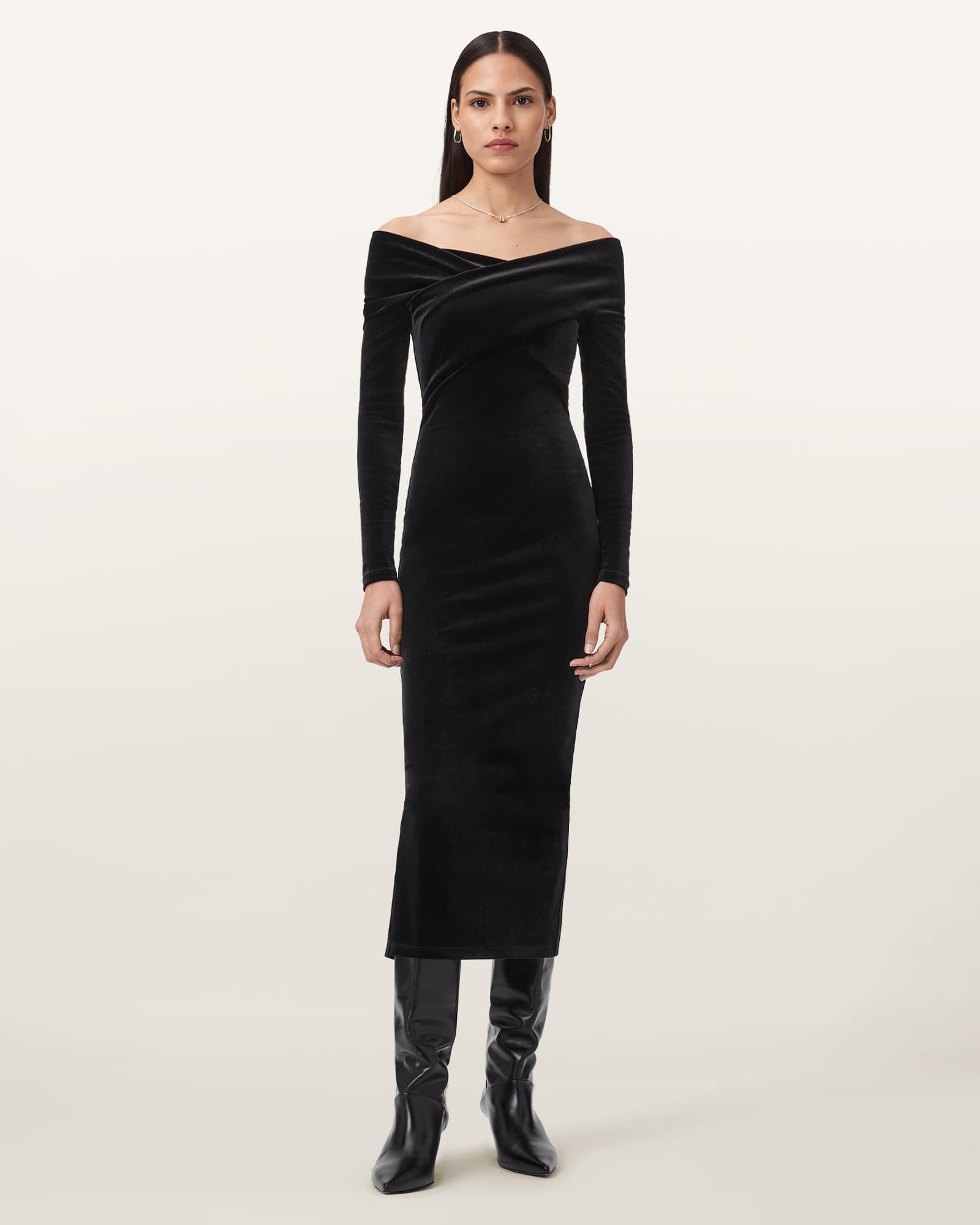 Delta Velvet Midi Dress Black | ALLSAINTS US