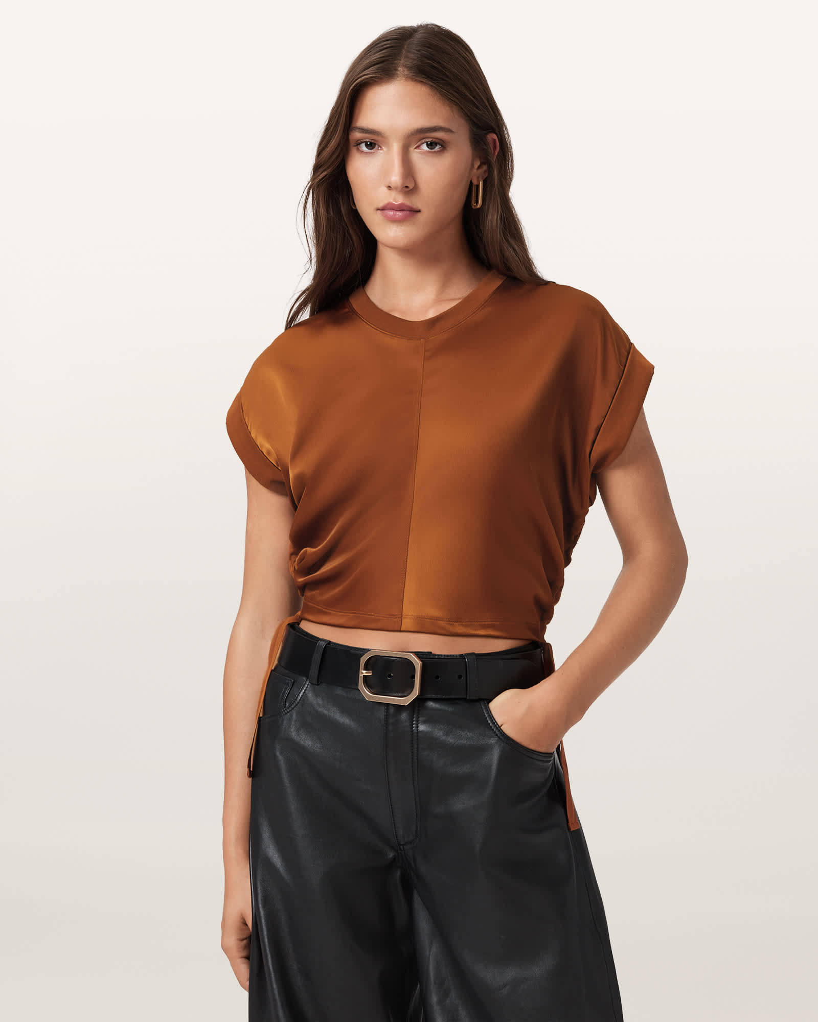 Mira Cropped Satin Drawcord T-Shirt RUST BROWN | ALLSAINTS US