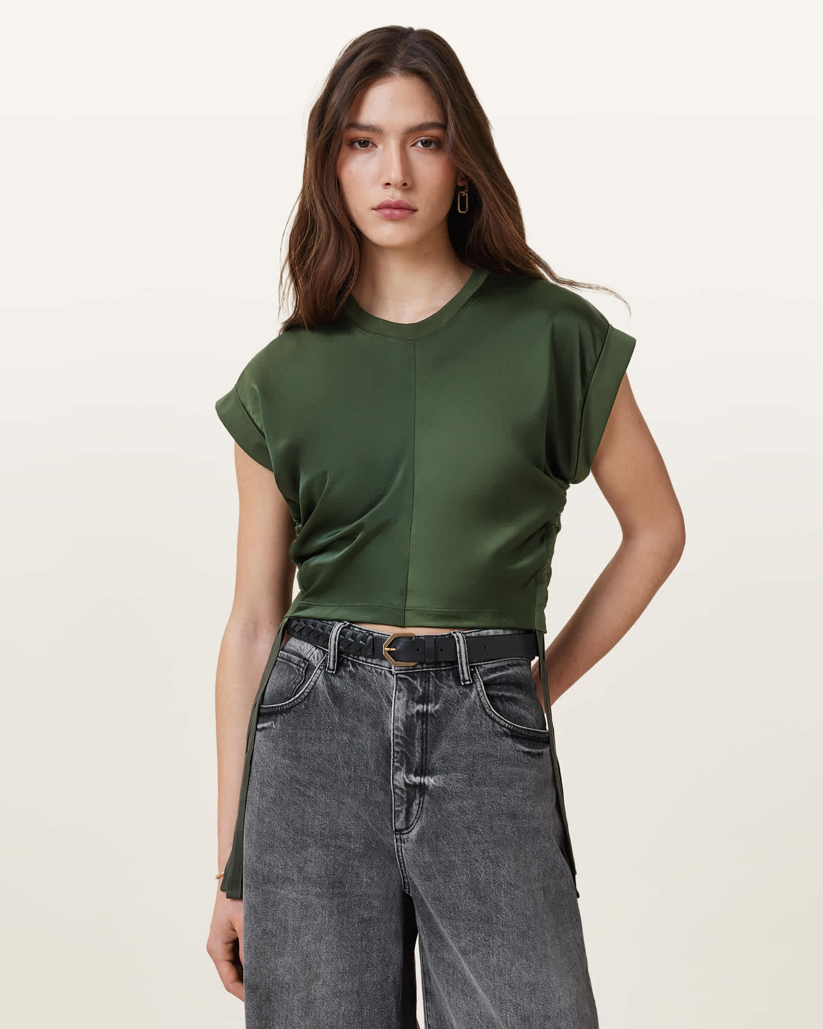 Mira Cropped Satin Drawcord T-Shirt RIFLE GREEN | ALLSAINTS US Mira Cropped Satin Drawcord T-Shirt RIFLE GREEN | ALLSAINTS US