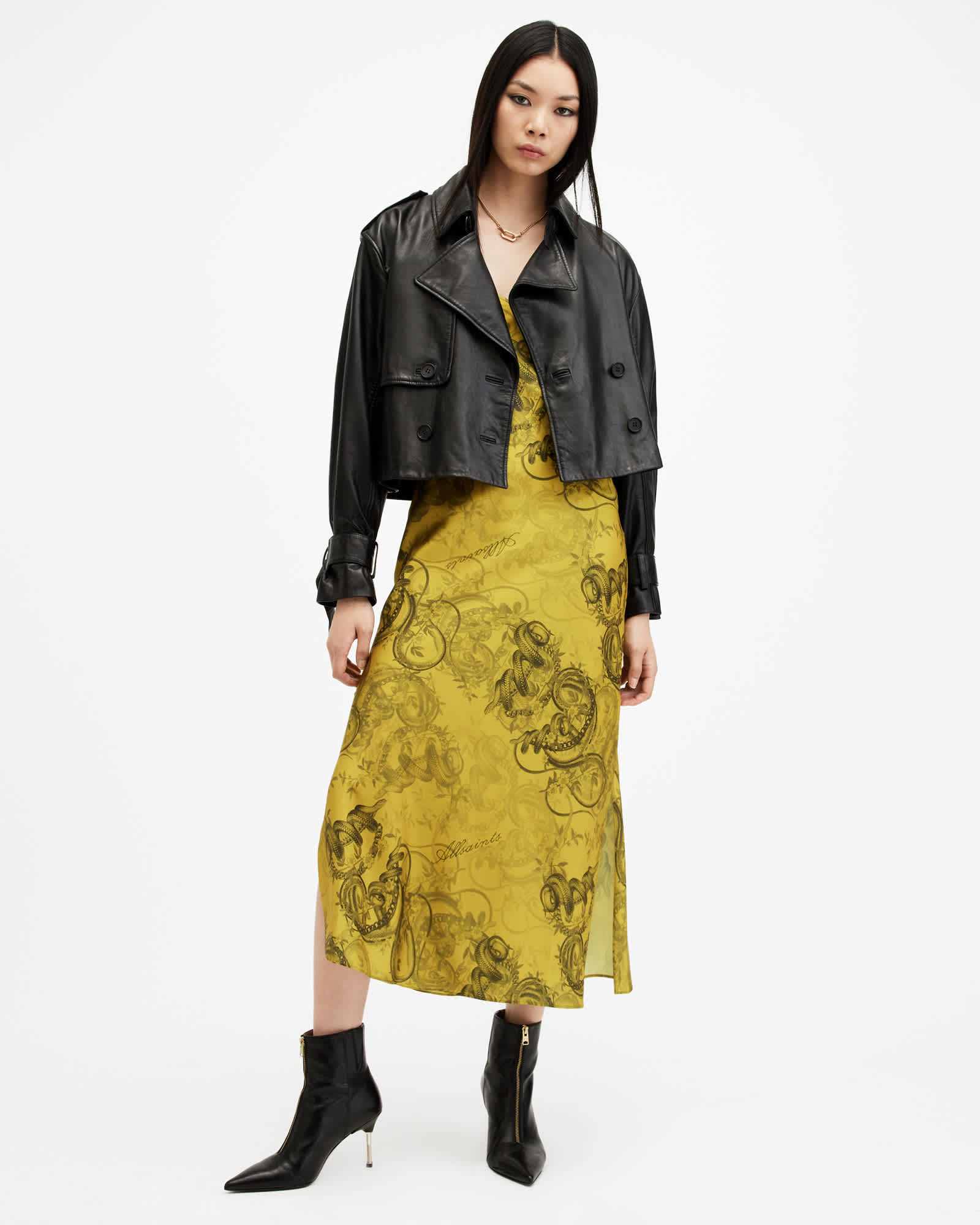 Tiana Slim Fit Printed Midi Slip Dress HELENA GOLD YELLOW | ALLSAINTS