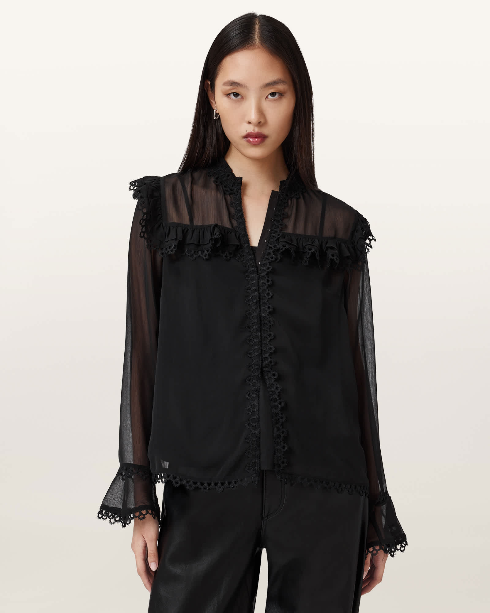 Ciara Sheer Lace Shirt Black | ALLSAINTS