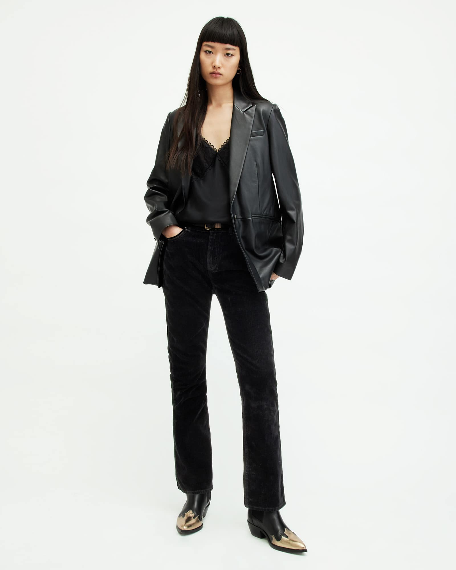 Hollis Slim Flocked Denim Bootcut Jeans Black | ALLSAINTS US