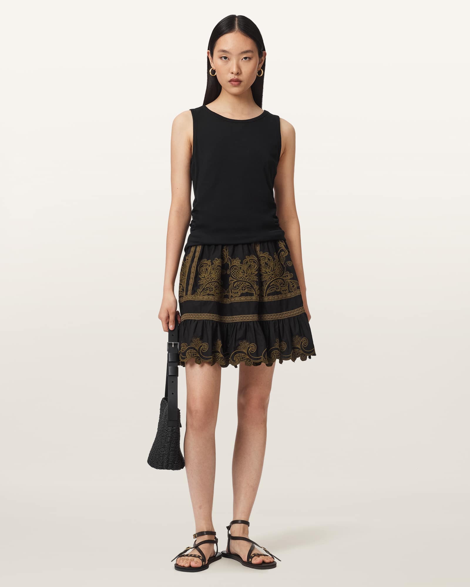 Katya Embroidered Mini Skirt Black/Khaki | ALLSAINTS