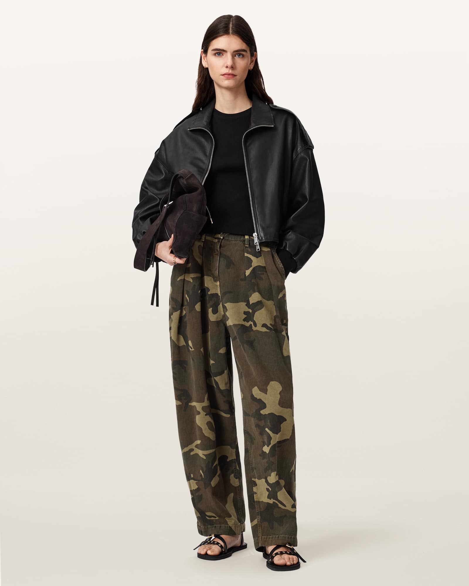 Becca Camo Denim Barrel Leg Trousers CAMO GREEN | ALLSAINTS