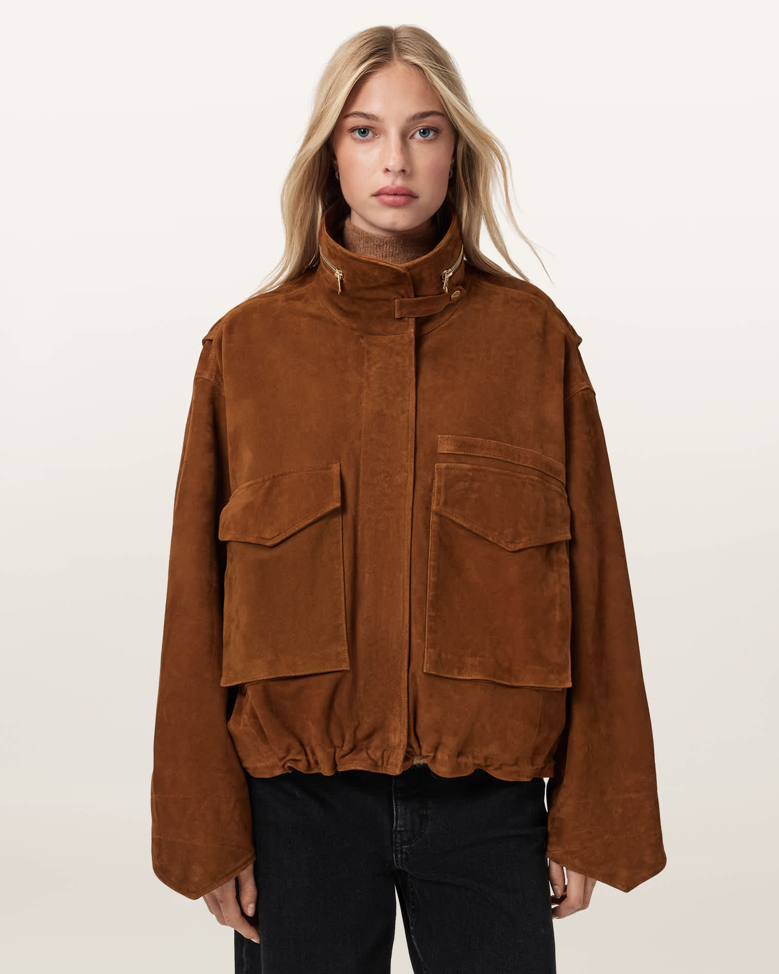 Clay Funnel Neck Suede Cropped Jacket COGNAC BROWN | ALLSAINTS Canada