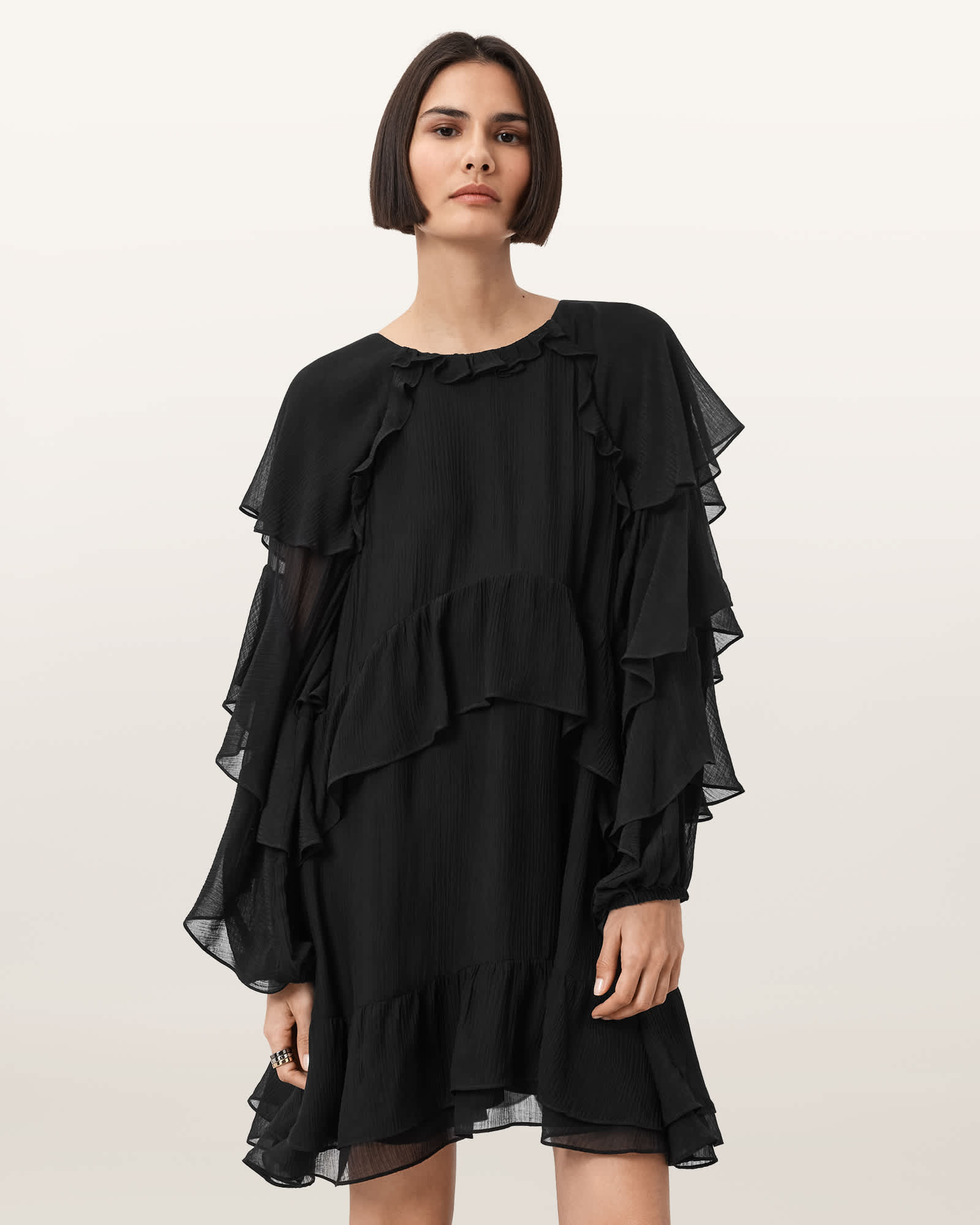 Lizzie Long Sleeve Frill Dress Black | ALLSAINTS