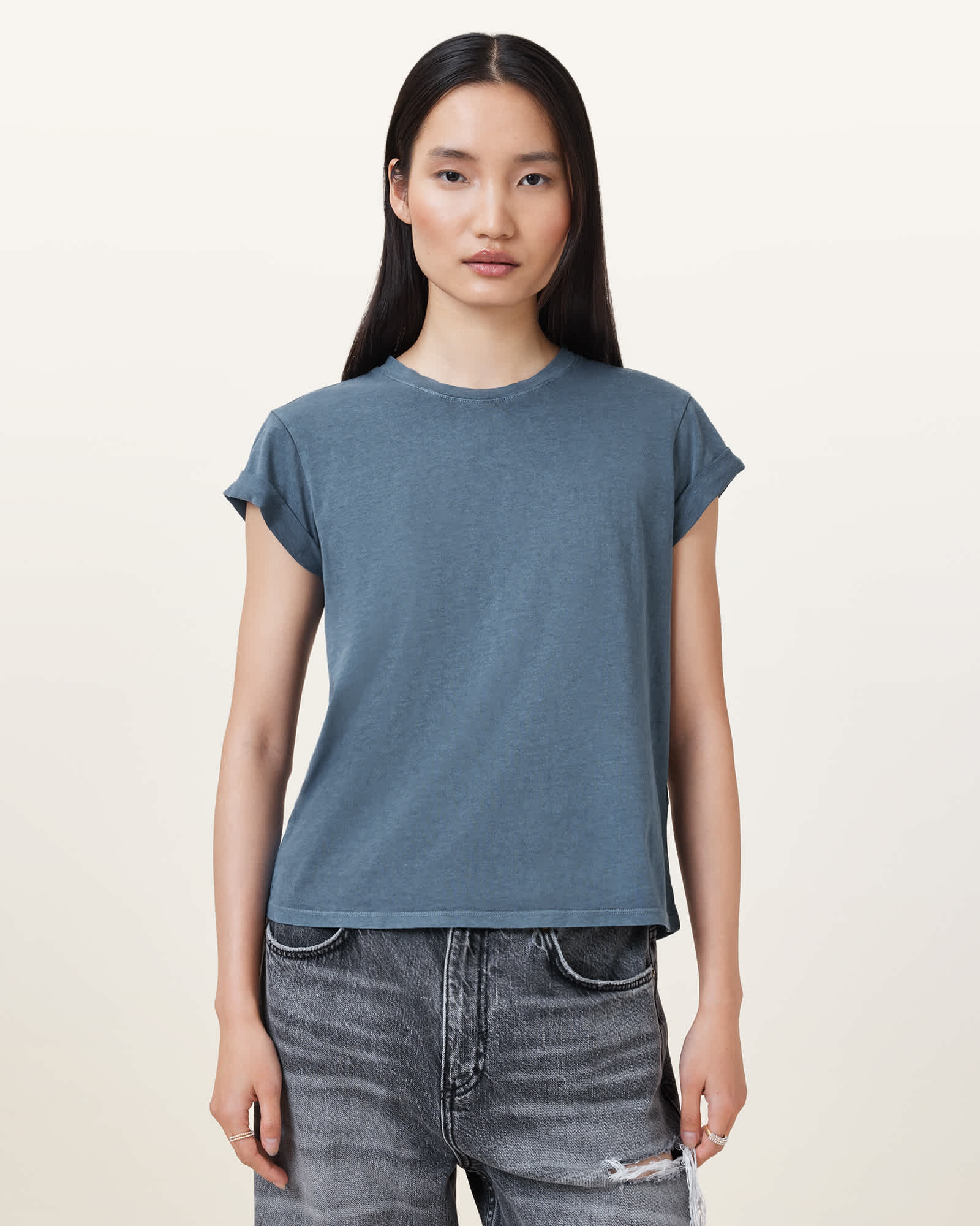 Anna Crew Neck Short Sleeve T-Shirt FLINT STONE BLUE | ALLSAINTS US