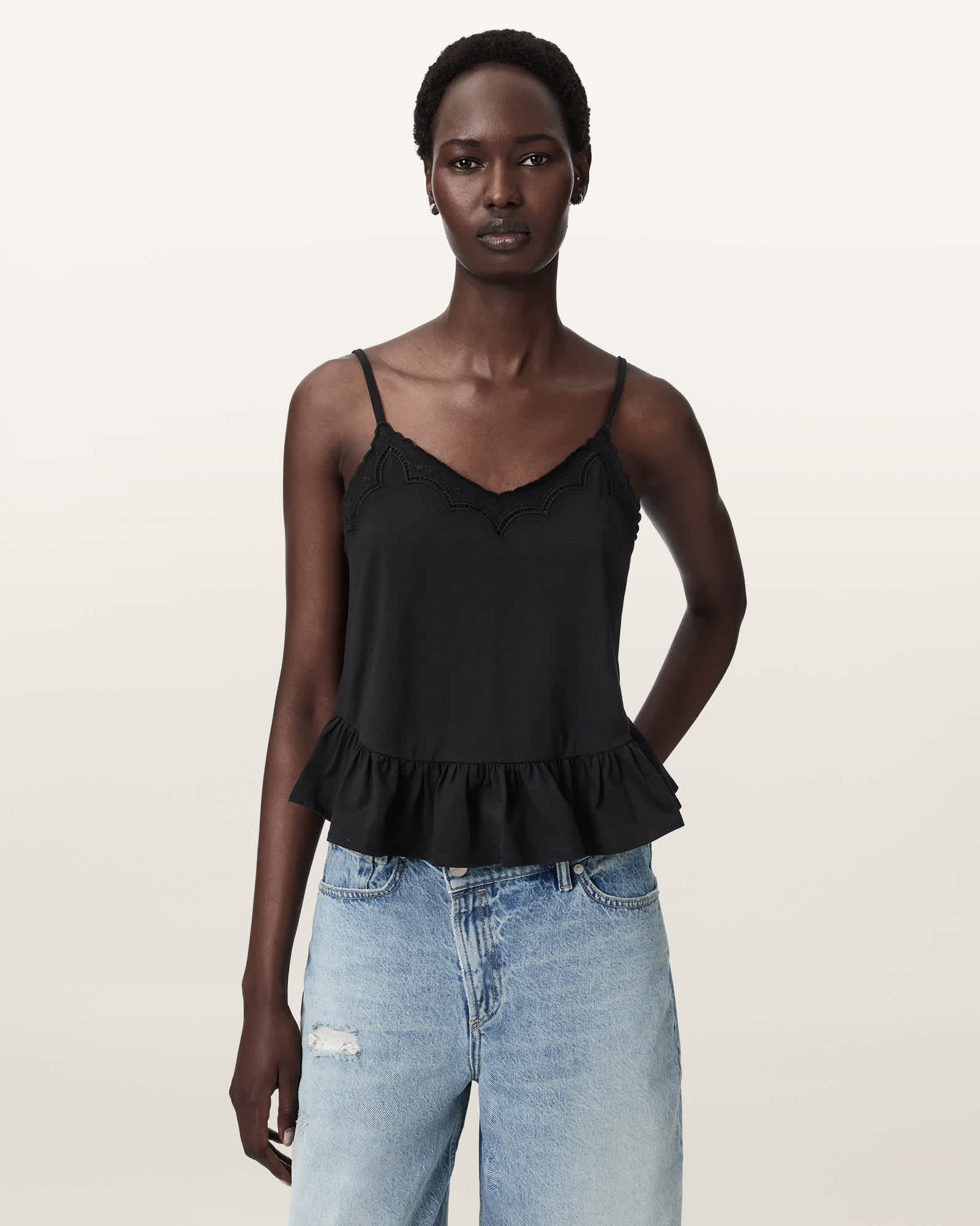 Georgia Embroidered Slim Fit Cami Top Black | ALLSAINTS Canada
