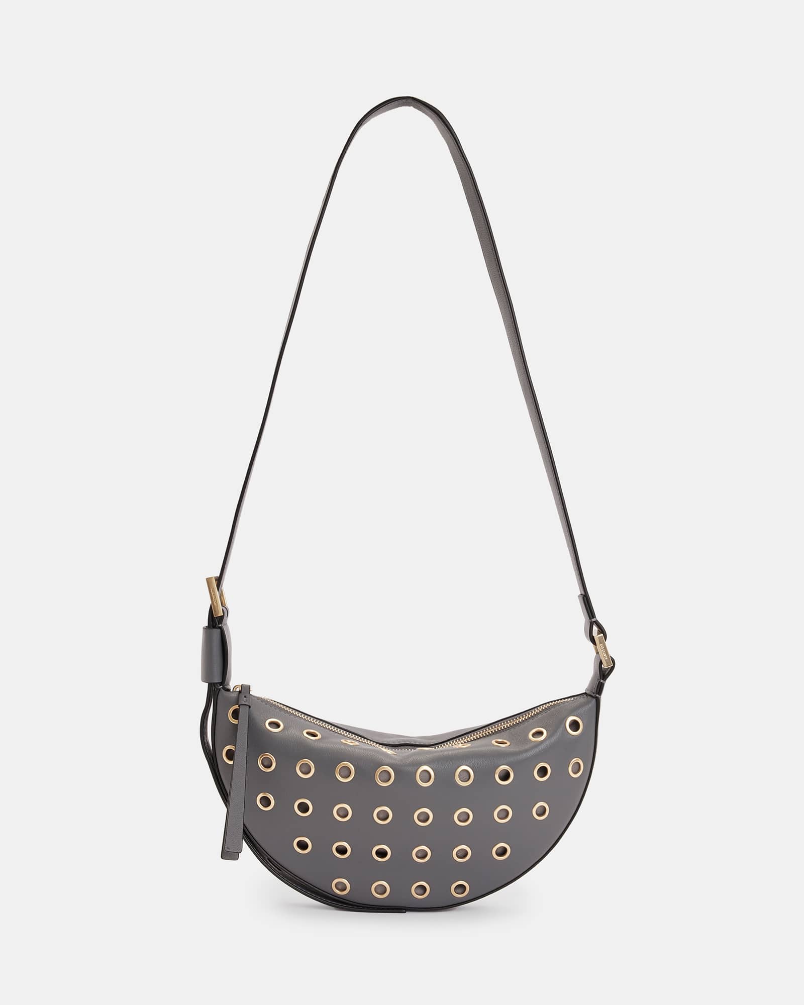 Half Moon Leather Eyelet Crossbody Bag Slate Grey | ALLSAINTS FR