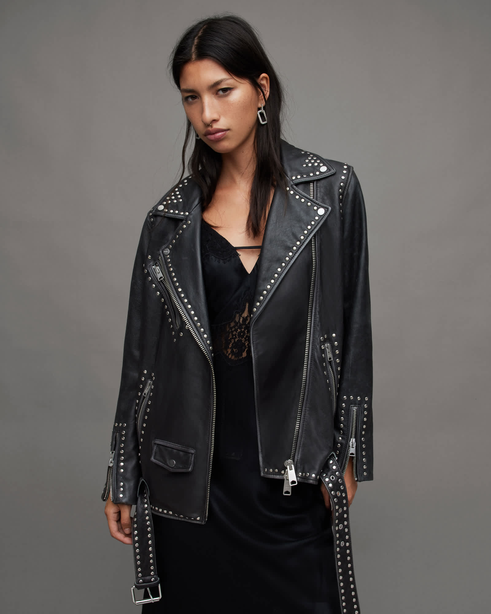 Billie Leather Rocker Studded Biker Jacket Washed Black | ALLSAINTS