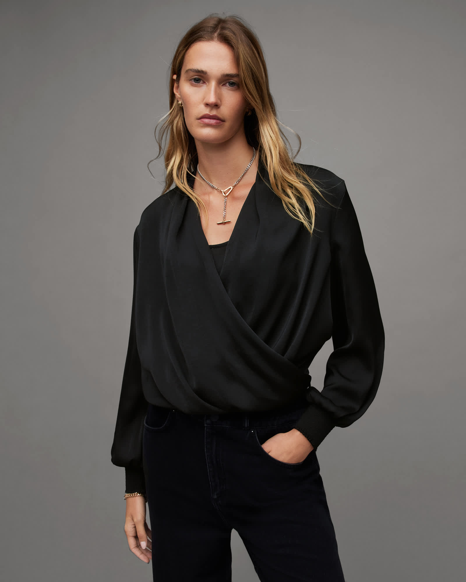 Abi Long Sleeve Draped Wrap Over Top Black | ALLSAINTS