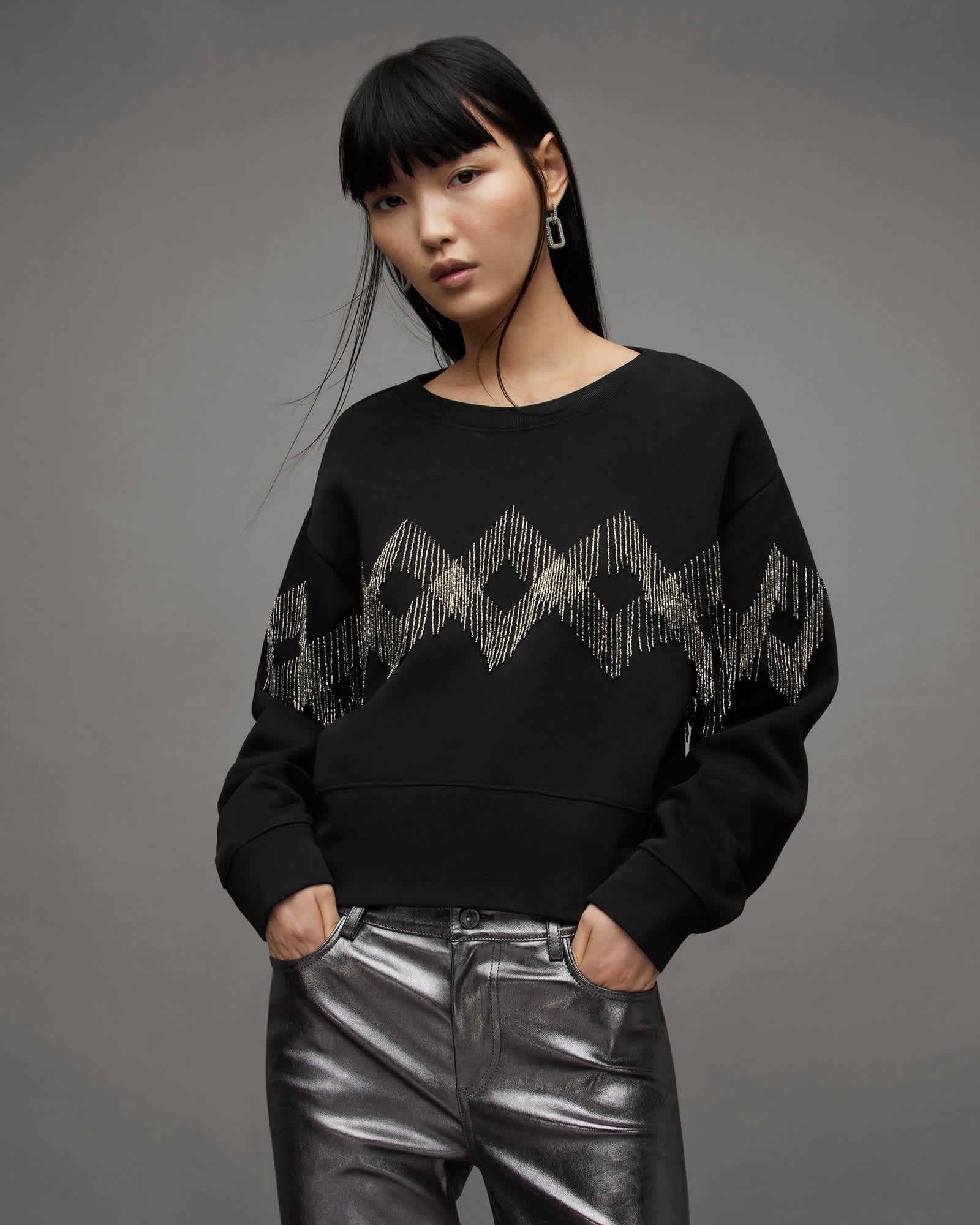 Zaniah Embellished Tassel Sweatshirt Black | ALLSAINTS