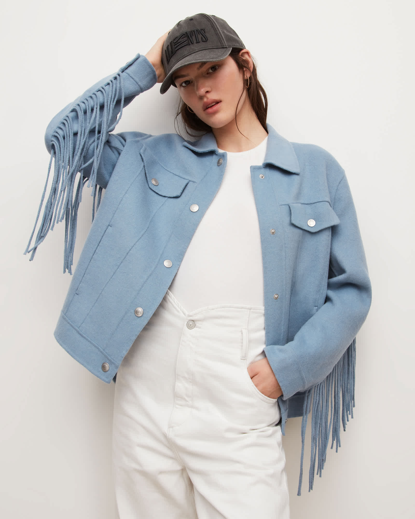 Franke Wool Blend Fringed Jacket FERN BLUE | ALLSAINTS