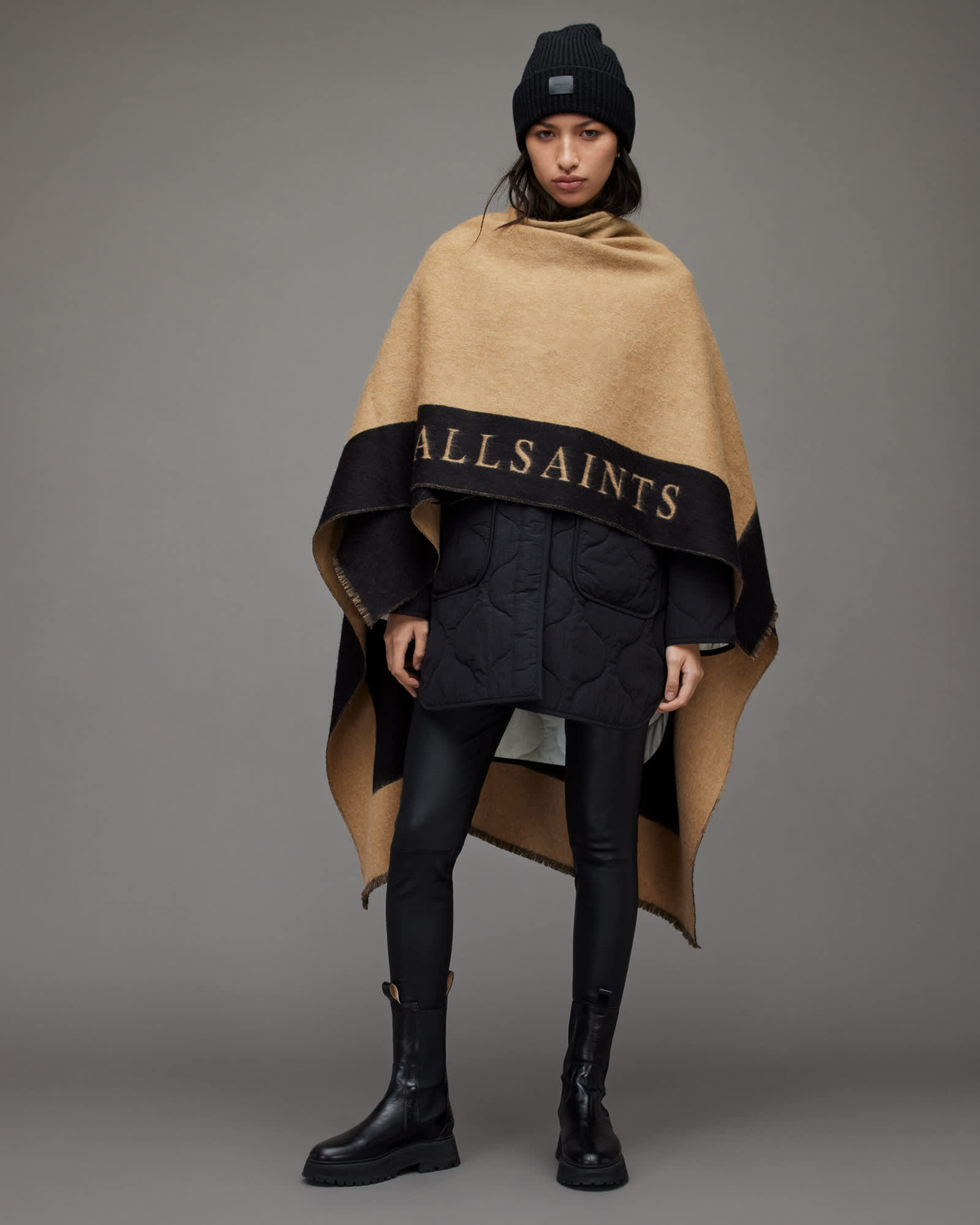 Saints Border Ruana Wool Scarf CAMEL/BLACK | ALLSAINTS US