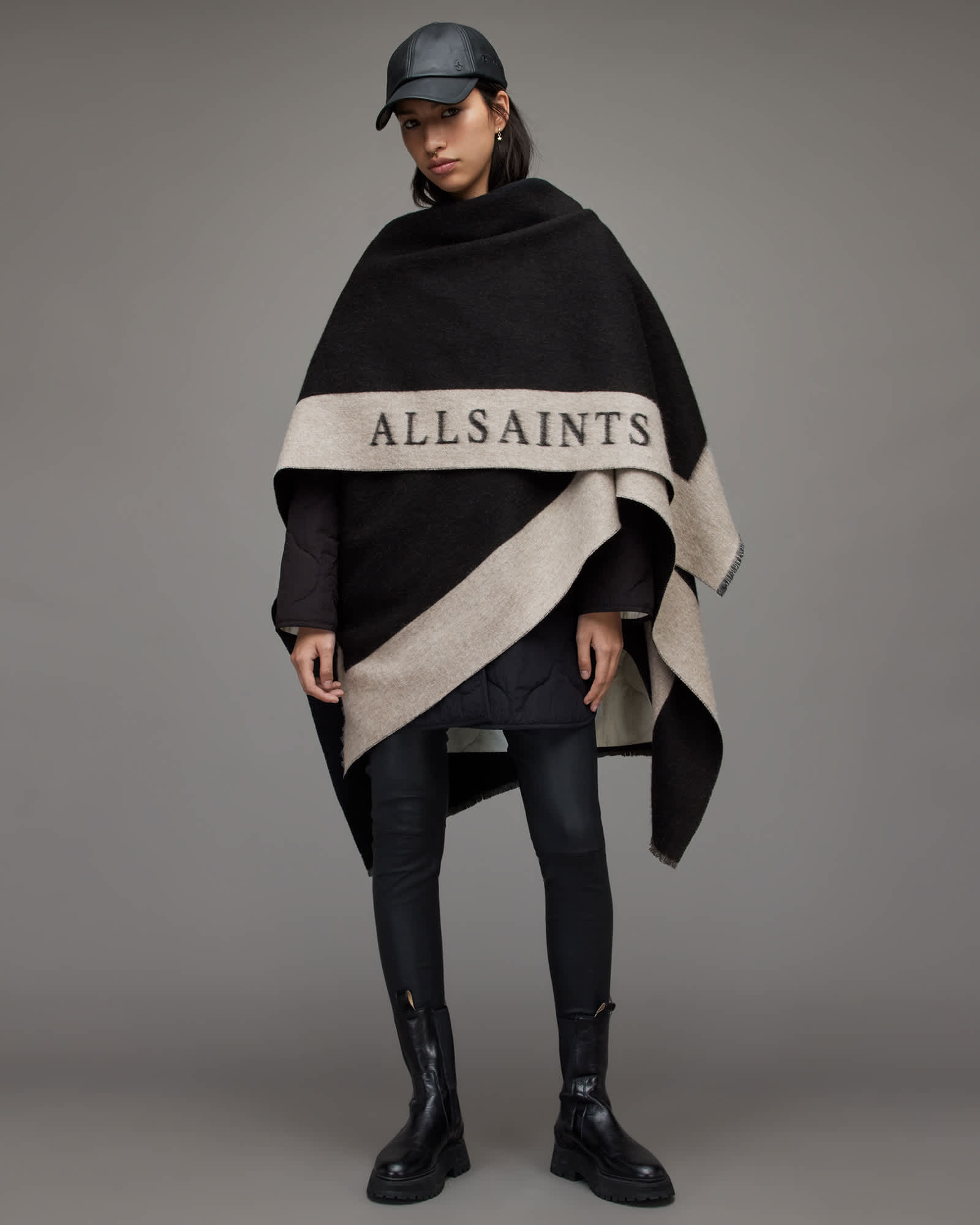Saints Border Ruana Wool Scarf BLACK/BARLEY | ALLSAINTS US