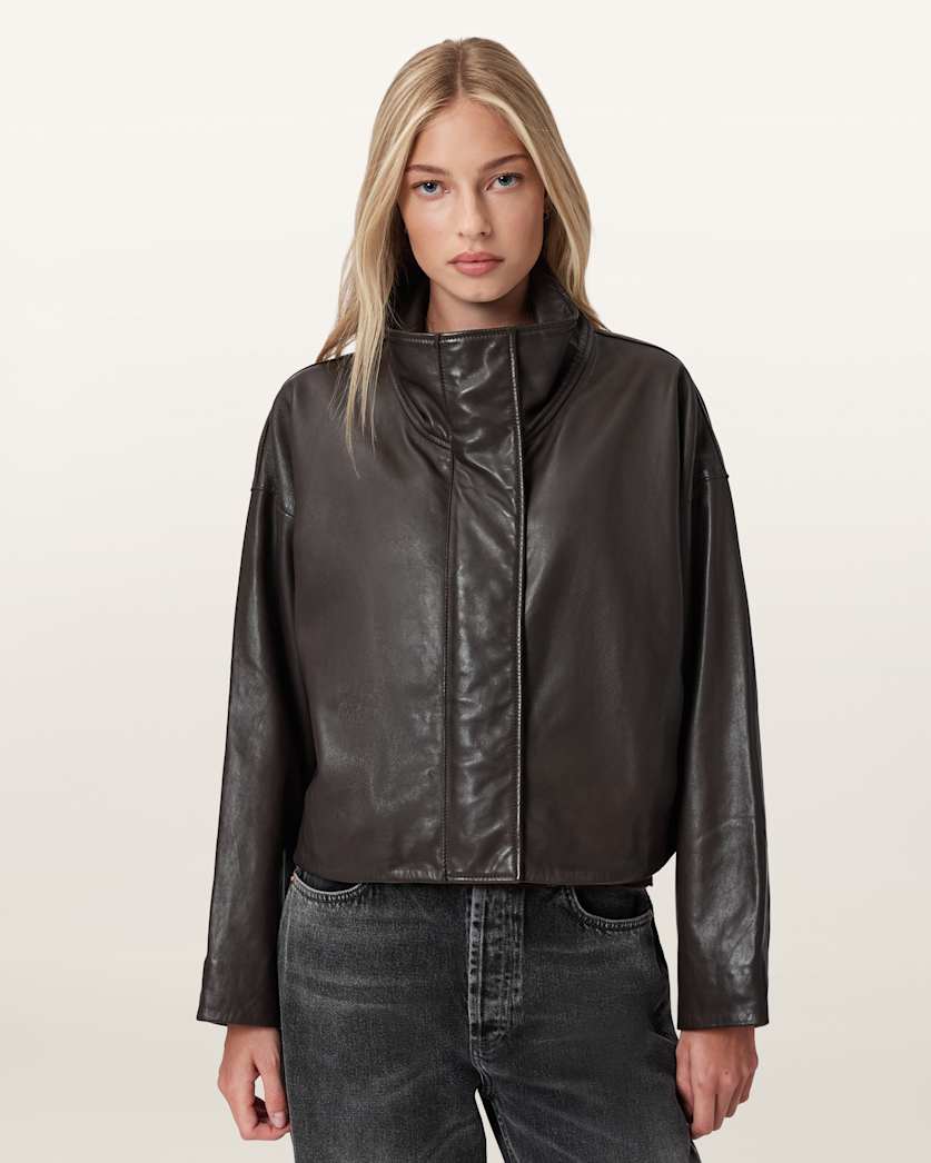 Ryder Funnel Neck Leather Jacket Bitter Brown | ALLSAINTS