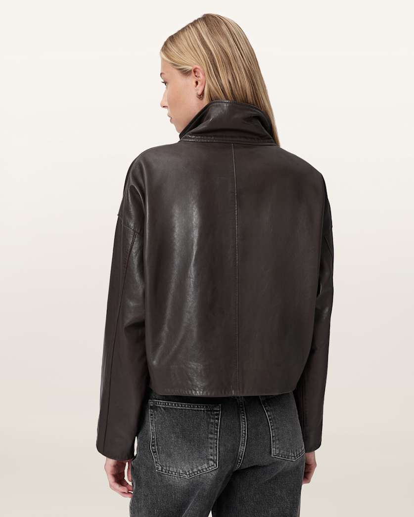 Ryder Funnel Neck Leather Jacket Bitter Brown | ALLSAINTS